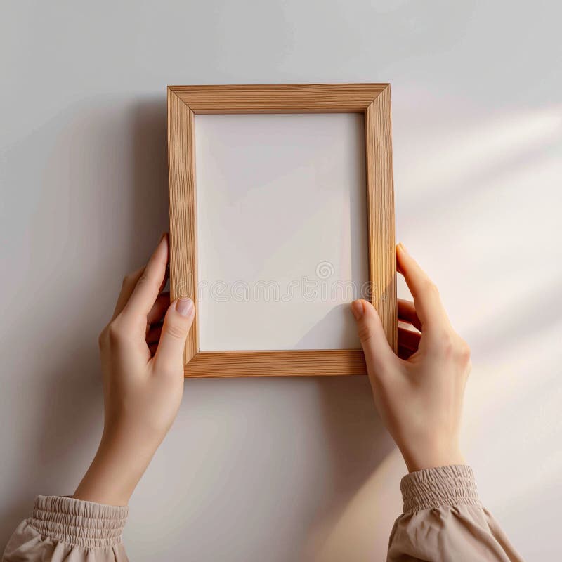 Hands Positioning a Wooden Frame on a Plain Wall Stock Illustration ...