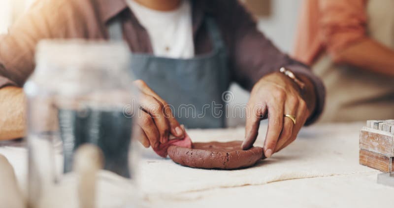 Hands, Pottery and Person with Clay in Workshop for Artistic Process ...