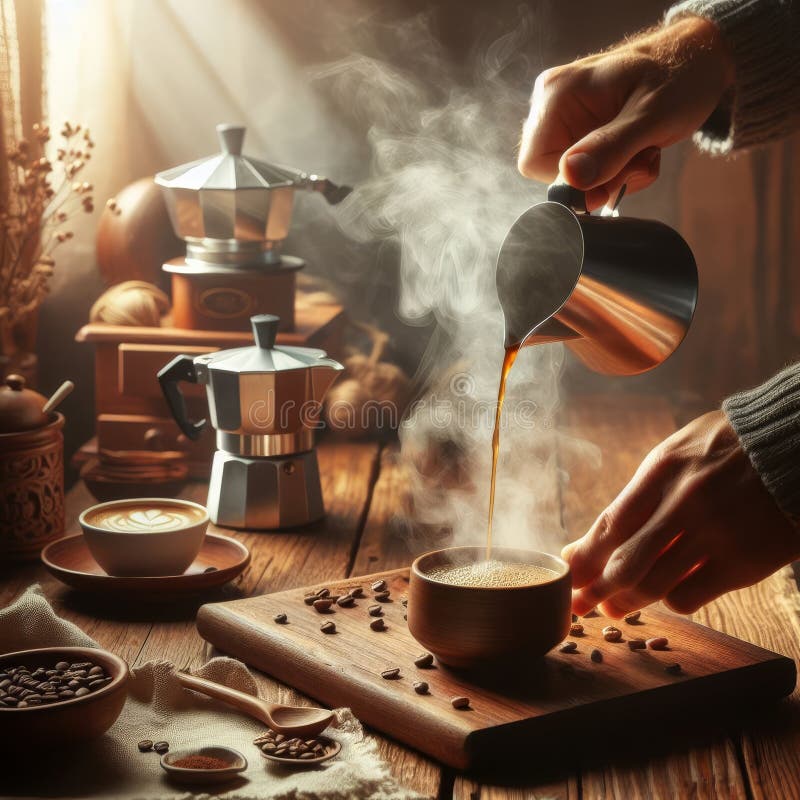 Hands Pouring Fresh Coffee in a Rustic Kitchen Setting Stock Photo ...