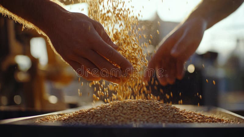 Hands Pouring Grains into a Container in a Warm Kitchen Setting at Dusk ...
