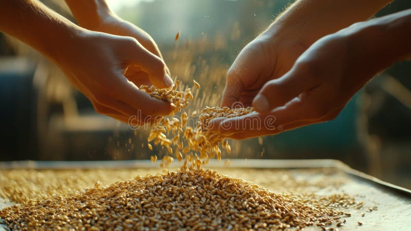 Hands Pouring Grains into a Container in a Warm Kitchen Setting at Dusk ...