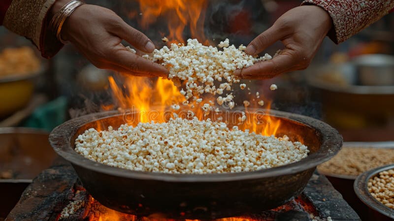 Hands Pouring Popcorn Over Fire in a Pot Stock Illustration ...