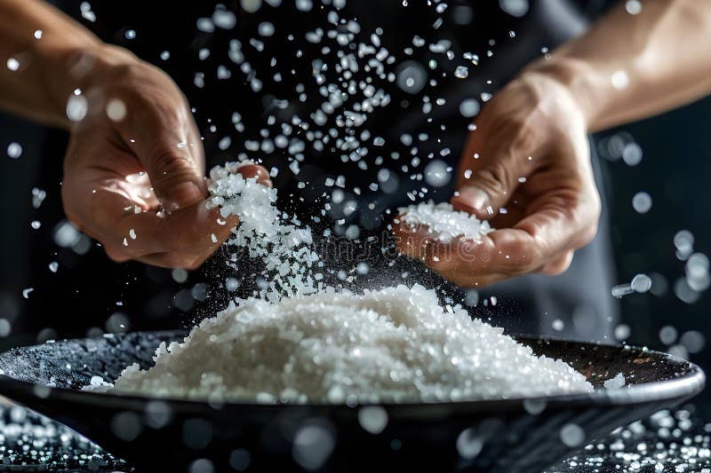 Hands Pouring Salt Crystals into a Dark Bowl, Creating a Stunning ...