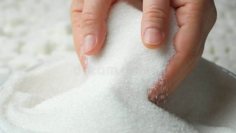 Hands Pouring White Crystalline Refined Sugar, Macro Texture, Slow ...