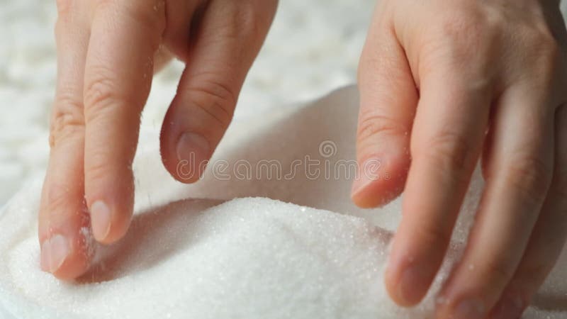 Hands Pouring White Crystalline Refined Sugar, Macro Texture, Slow ...