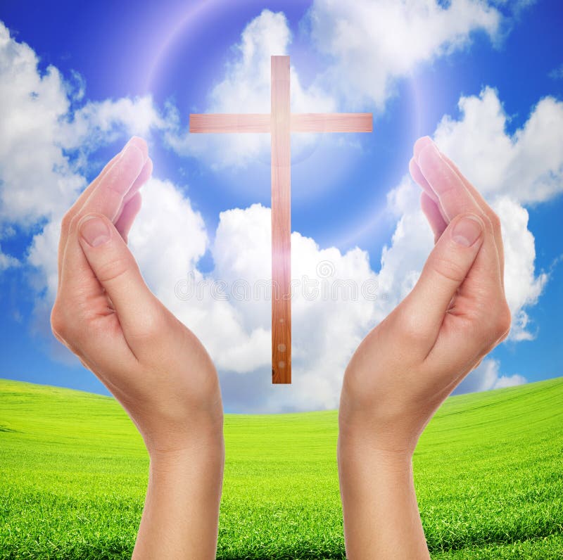 Hands Praying with Cross in Sky - Easter Concept Stock Image - Image of ...