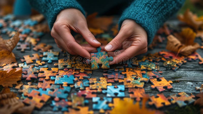 Hands Precisely Assembling a Jigsaw Puzzle Amongst Fallen Autumn Leaves ...