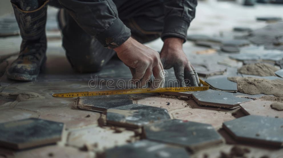Hands are Precisely Measuring and Laying Patterned Tiles on a Floor ...
