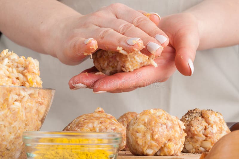 Hands Prepare Meatballs from Chicken Meat Stock Photo - Image of board ...