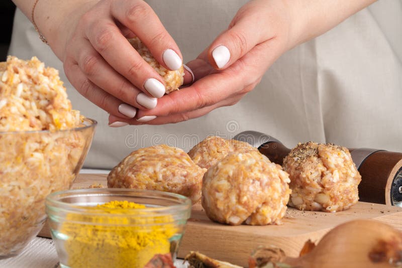 Hands Prepare Meatballs from Chicken Meat Stock Photo - Image of burger ...