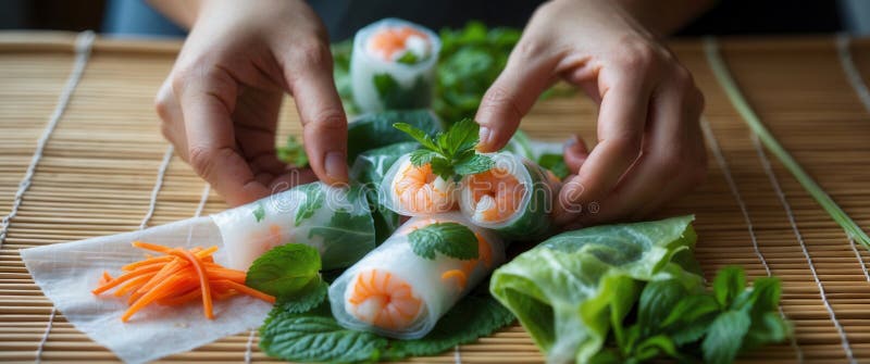 Hands Preparing Fresh Vietnamese Spring Rolls with Shrimp, Vegetables ...