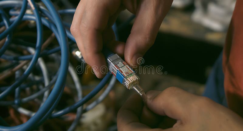 Hands Preparing an RJ45 Connector on a Blue Ethernet Cable Stock ...