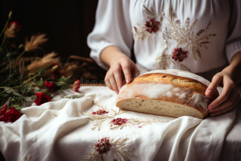 Hands Present a Loaf of Bread on an Embroidered Cloth. Stock Photo ...
