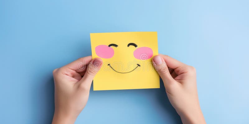 Hands Presenting a Bright Yellow Sticky Note with Pink Cheeks Smiling ...