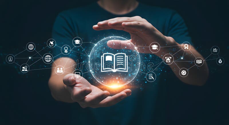 Hands Presenting a Digital Education Sphere with Global Learning Icons ...