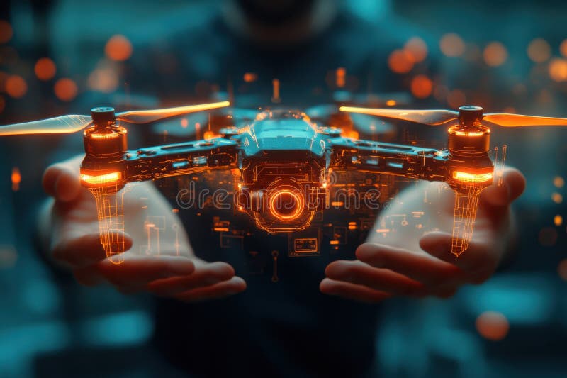 Hands Presenting a Futuristic Illuminated Drone with Holographic ...