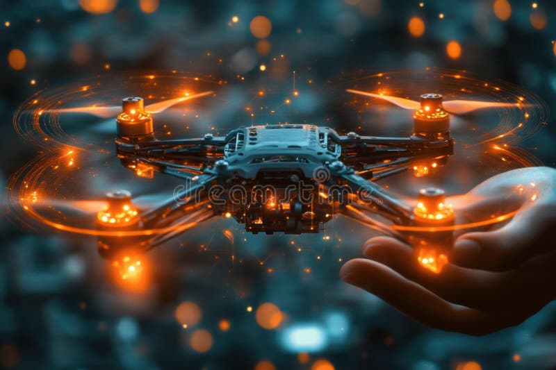 Hands Presenting a Futuristic Illuminated Drone with Holographic ...