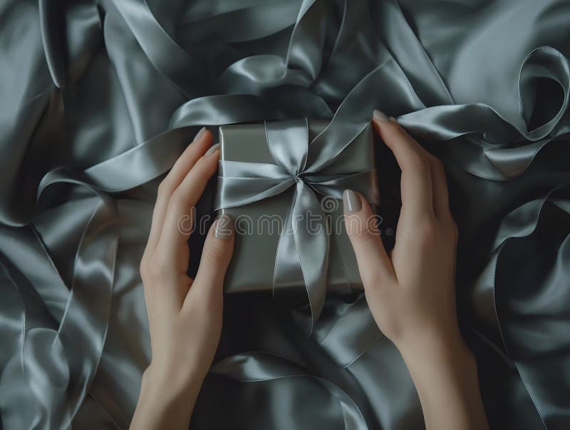 Hands Presenting a Gift Wrapped in Silver Silk Elegant Presentation ...