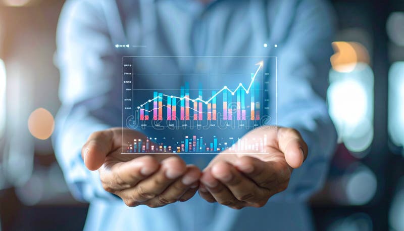 Hands Presenting Holographic Business Growth Chart with Upward Trend ...