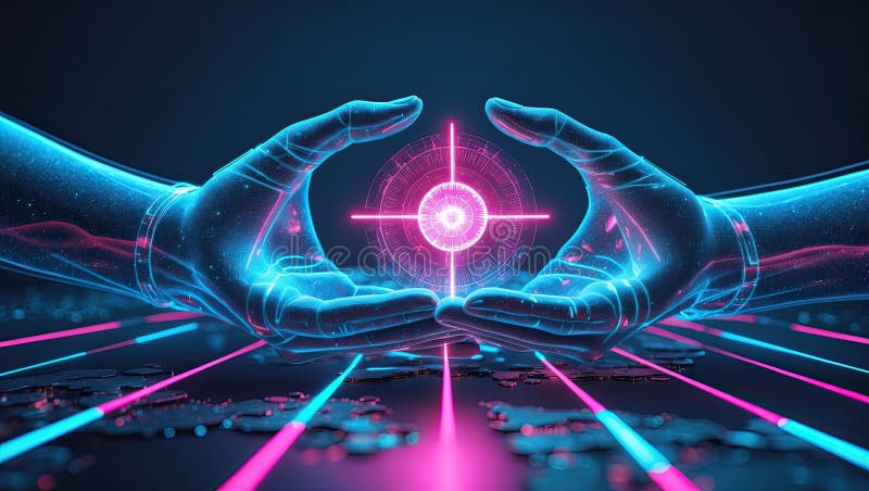 Hands Presenting Luminous Global Network Hologram in Digital Space ...