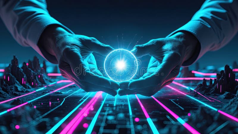 Hands Presenting Luminous Global Network Hologram in Digital Space ...