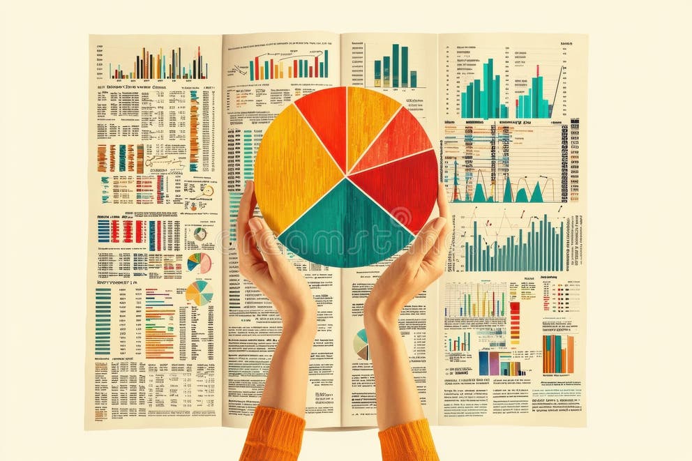 Hands Presenting Pie Chart Overlayed on Statistical Graphs and Data ...