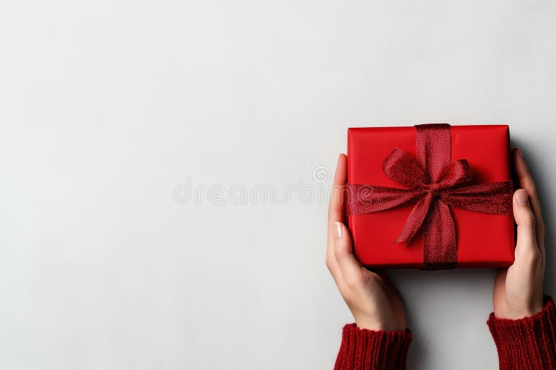 Hands Presenting Red Gift Box with Sparkling Bow on Grey Backdrop Stock ...