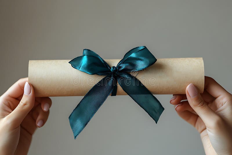 Hands Presenting a Scroll with Green Ribbon for Graduation or Special ...