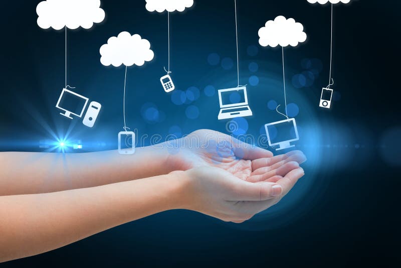Hands Presenting Technology Icons Hang in the Clouds Stock Image ...