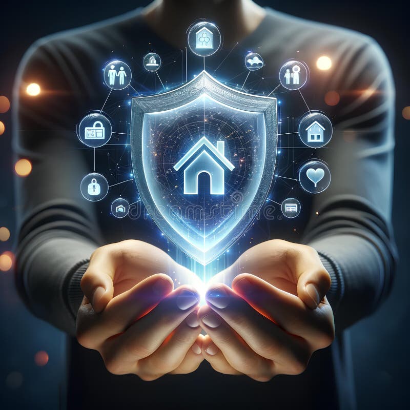 Hands Presenting Virtual Home Security Shield Stock Photo ...
