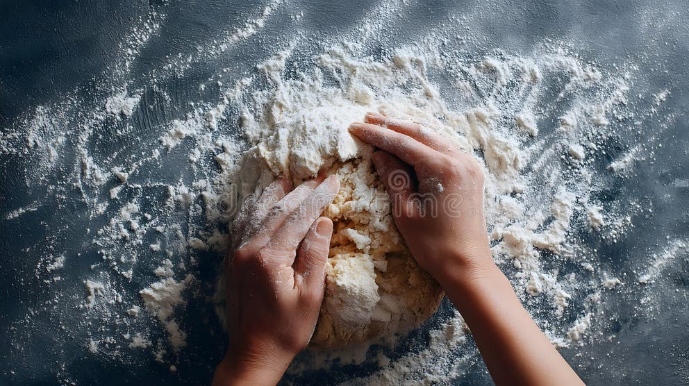 Hands Pressing Dough on a Floured Surface, Capturing a Rustic Moment of ...