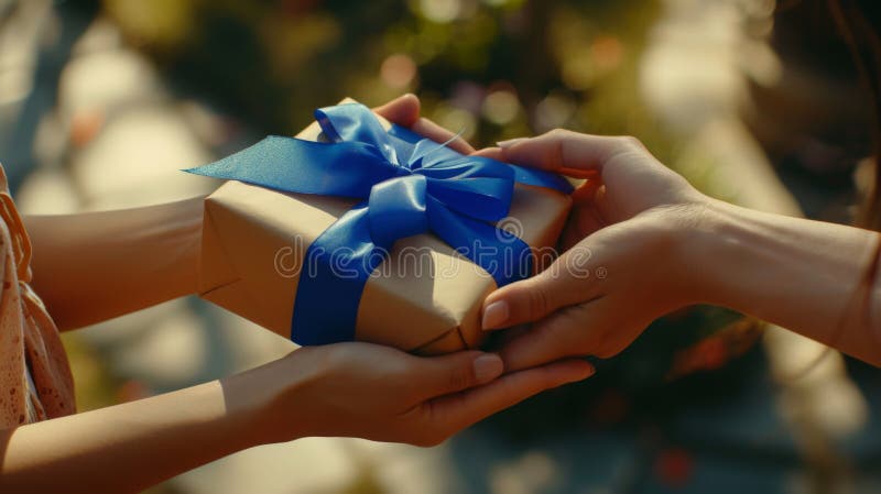 Hands in the Process of Exchanging a Gift Wrapped in Brown Paper and ...