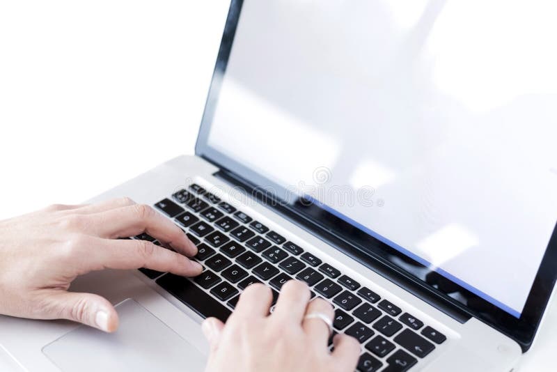 Hands of Businessman Working in Notebook. Work with Laptop Concept ...