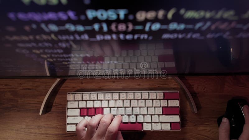 Hands of Professional Programmer is Typing Code. Top Down Wide Shot ...