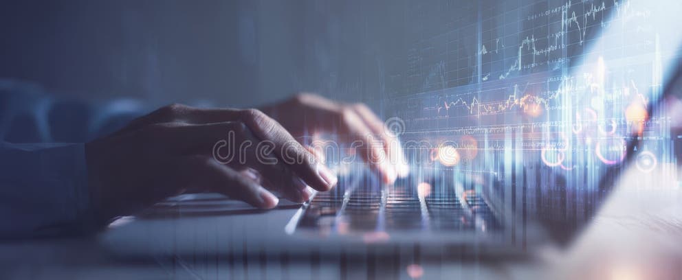 The Hands of a Professional Typing on a Laptop with Digital Graphs..AI ...