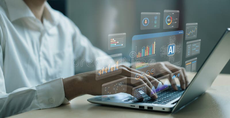 Hands of a Professional Using a Laptop with Data Analytics and Artificial Intelligence ...