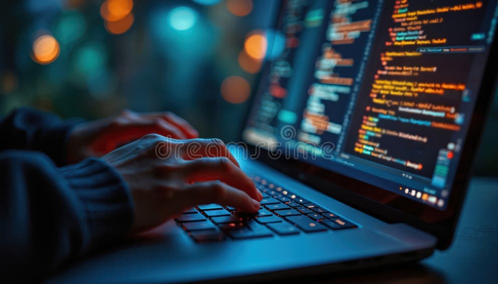 Hands of Programmer Coding Late Night on Laptop. Digital Code Interface, Data Streams, Glowing ...