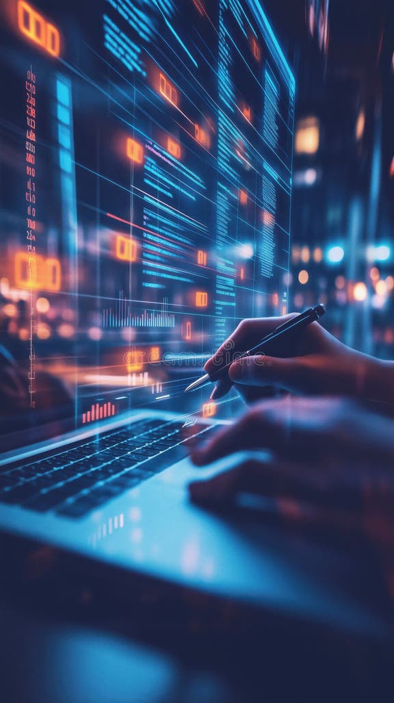 Programmer Hands Typing Coding Screen Digital Interface Blue Glowing ...