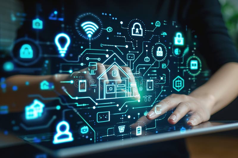 Hands Programming or Setting Up Smart Home Automation. Smart Control Panel Display Stock ...