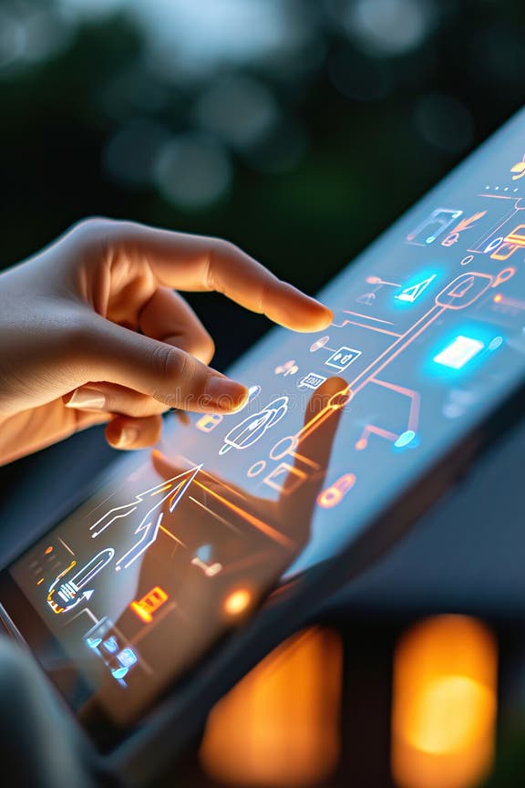 Hands Programming or Setting Up Smart Home Automation. Smart Control Panel Display Stock ...