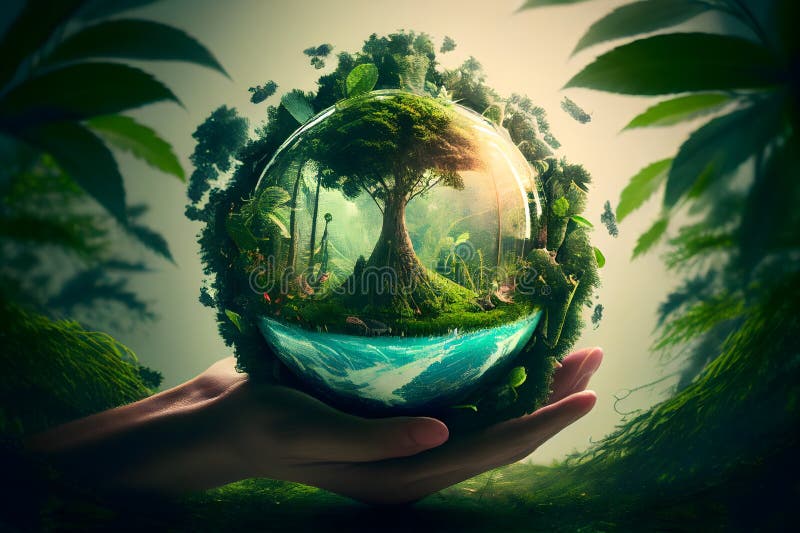 Hands Protecting Globe of Green Tree on Tropical Nature Summer ...