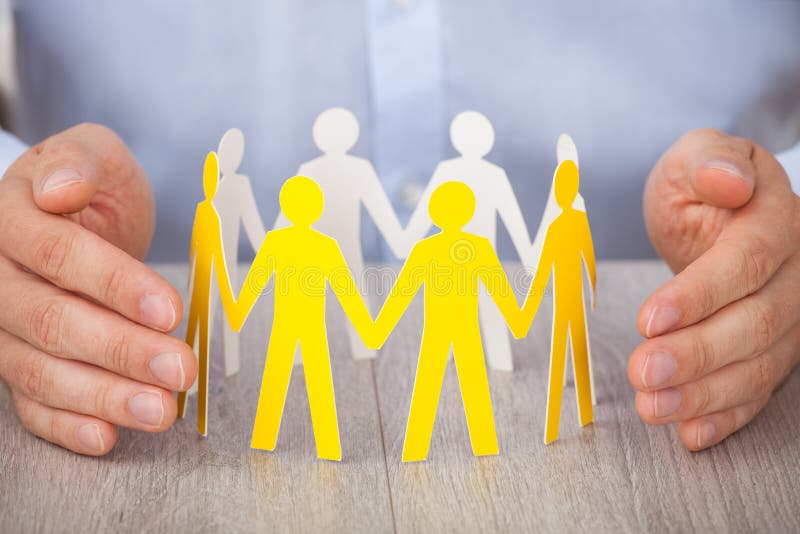 Hands Protecting Team of Paper People Stock Image - Image of connection ...