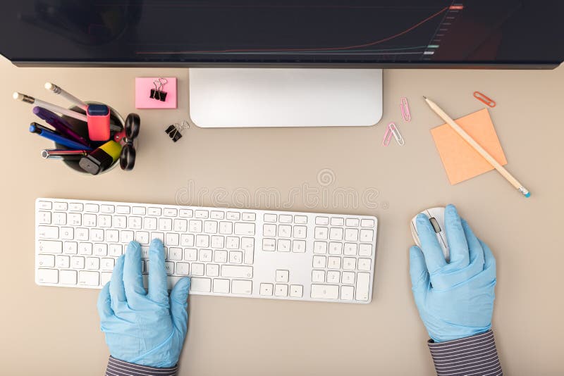 Hands with Protective Glove Typing on Keyboard Computer Stock Photo ...