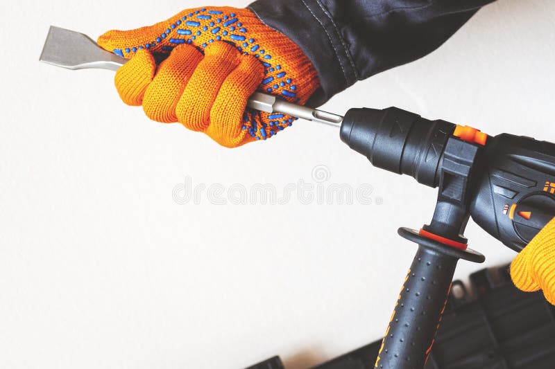Hands in Protective Gloves, Hammer Drill, Chisel, Bit Stock Photo ...