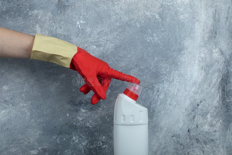 Hands in Protective Gloves Touching Tip of Cleaning Supply Stock Photo ...
