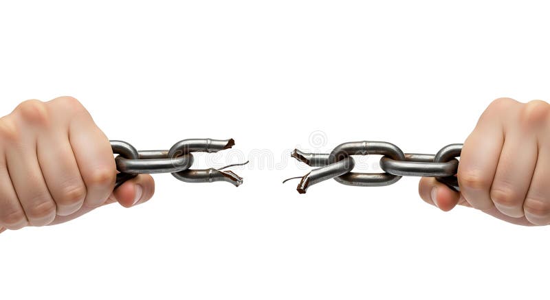 Hands Pulling Apart a Broken Metal Chain with Frayed Ends Against a ...