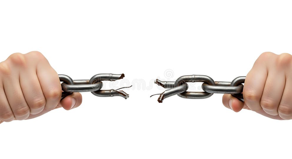 Hands Pulling Apart a Broken Metal Chain with Frayed Ends Against a ...