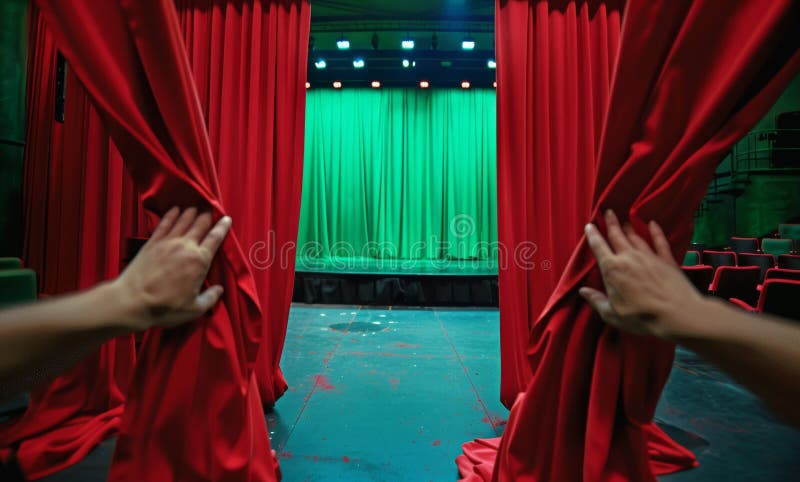 Hands Pulling Back Red Curtains To Reveal an Empty Theater Stage with ...