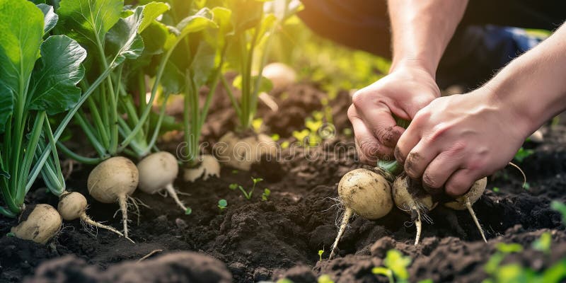 Hands Pulling Up Turnips from the Garden Soil Stock Illustration ...