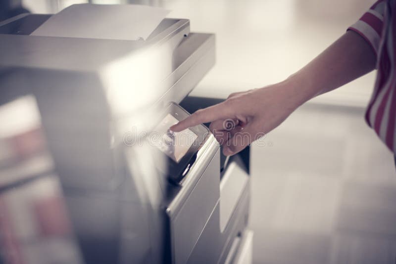 Hands Pushing Button on Printer, Cropped View. Close Up of Woman Stock ...